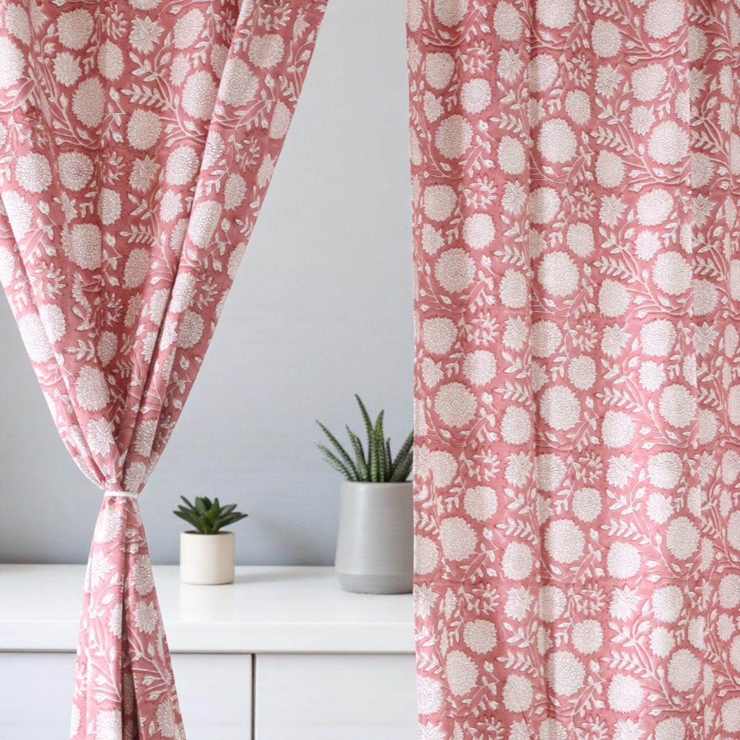 Hand Block Printed Floral Cotton Curtains – Salmon Pink Boho Drapes - Etsy