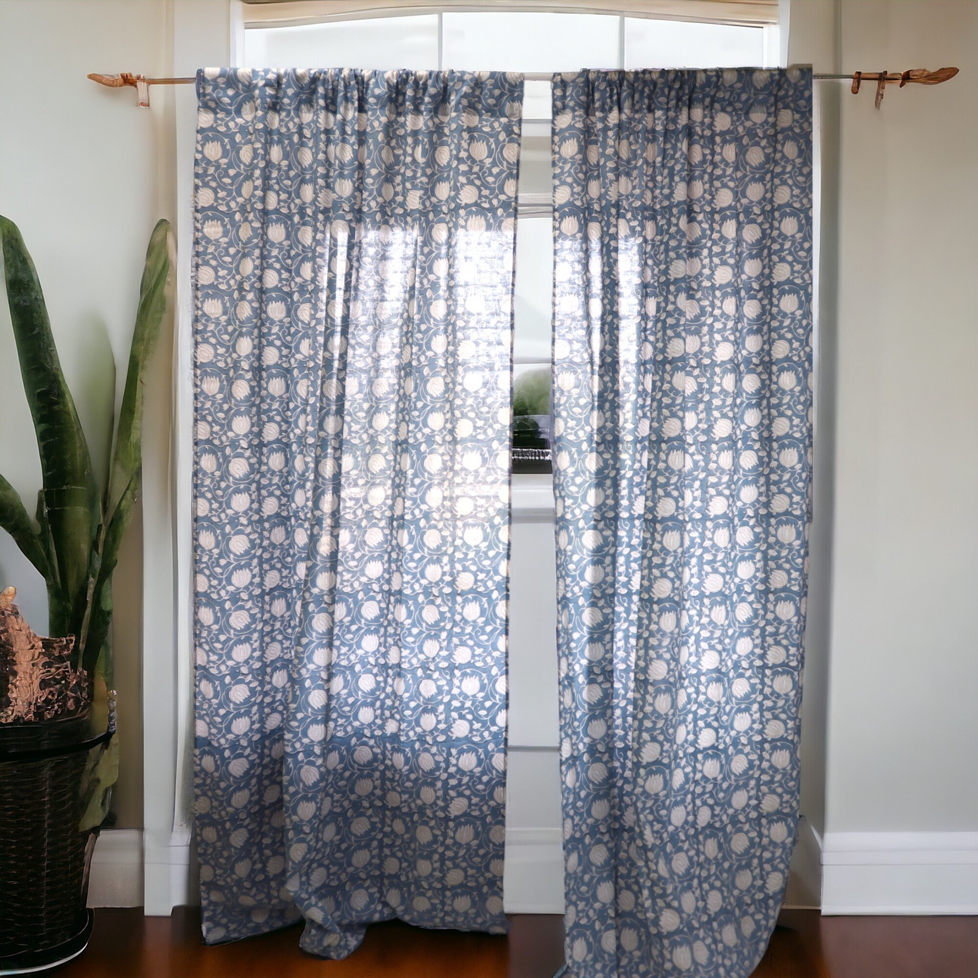 Hand Block Printed Cotton Curtain: Blue Floral Sheer Window Panel - Etsy
