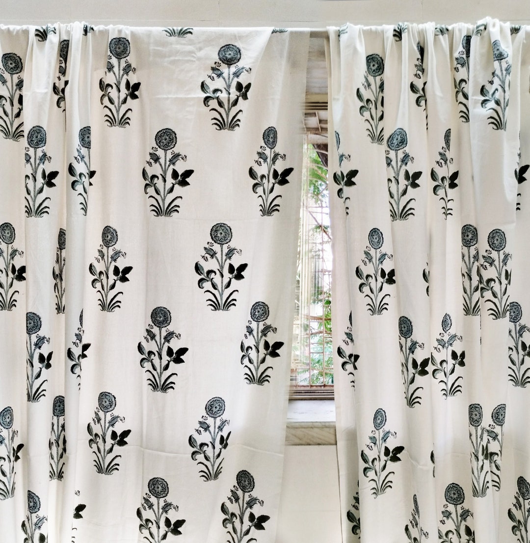 Block Print Curtains, Floral Canvas Drapes Curtain, Heavy Weight ...