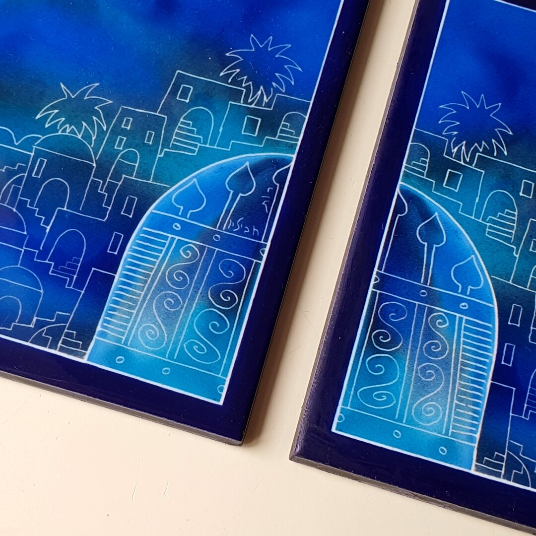 A Pair of Jerusalem Ceramic Art Tiles, Blue and Turquoise Wall Decor ...