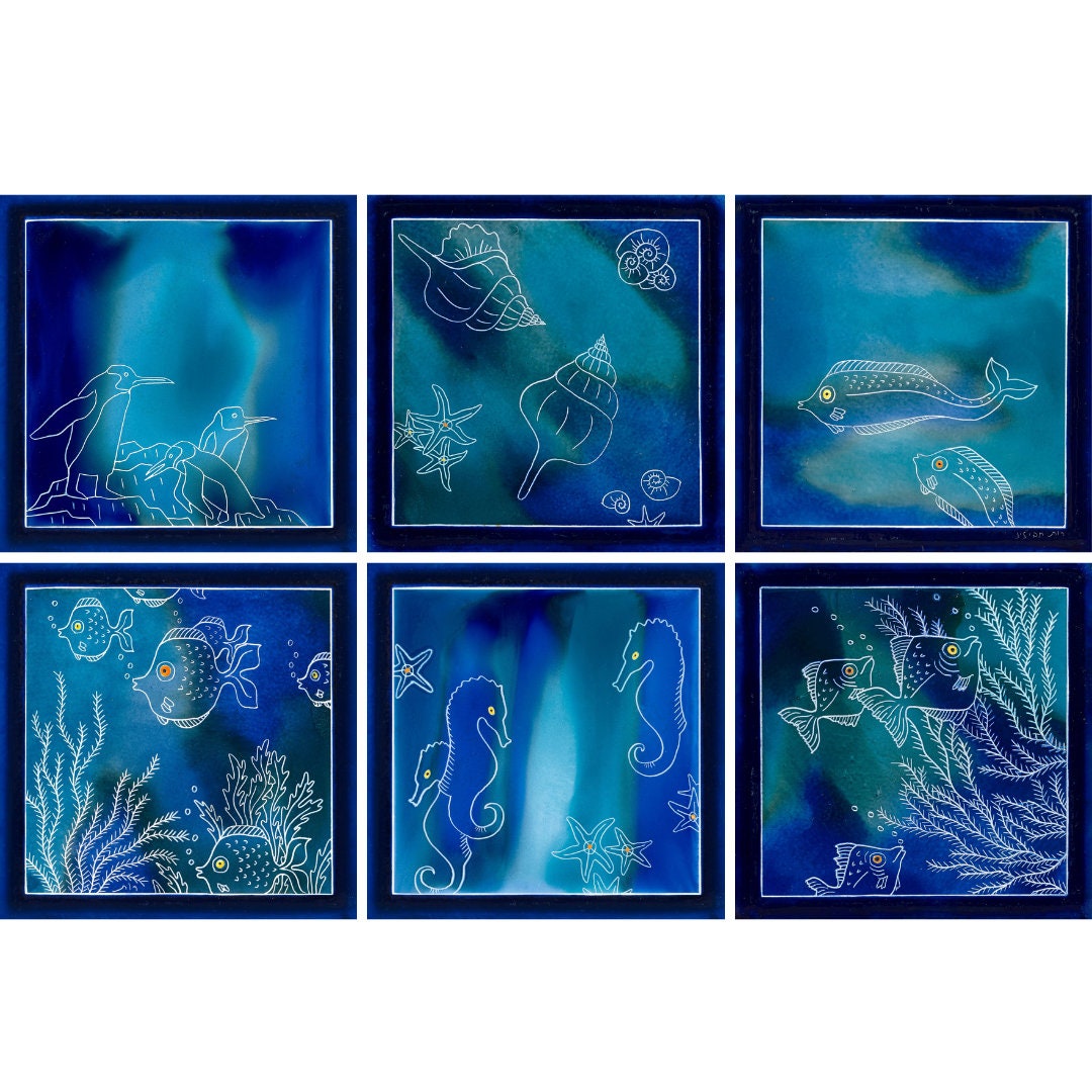 Set of 6 Oceanic Art Tiles, Ocean Blue Ceramic Tiles, Blue Ceramic ...