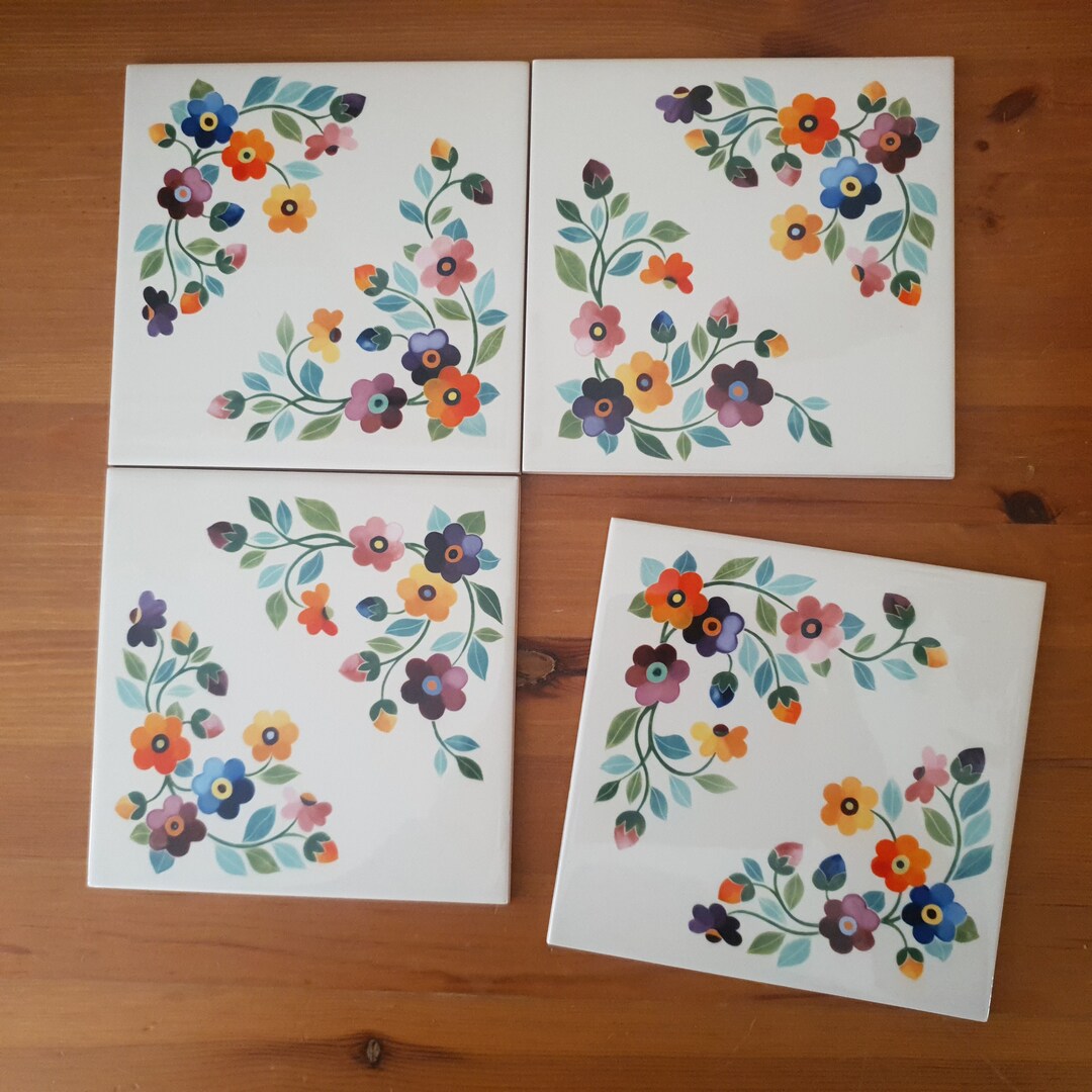 Set of 4 Boho Ceramic Floral Tiles - Etsy