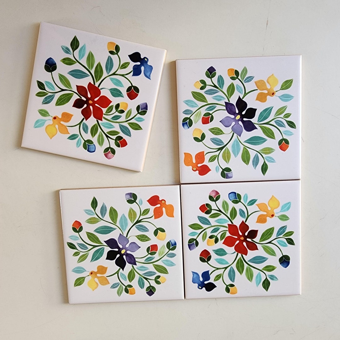 Set of 4 Floral Wall Tiles, Boho Wall Decor, Decorative Ceramic Tiles ...