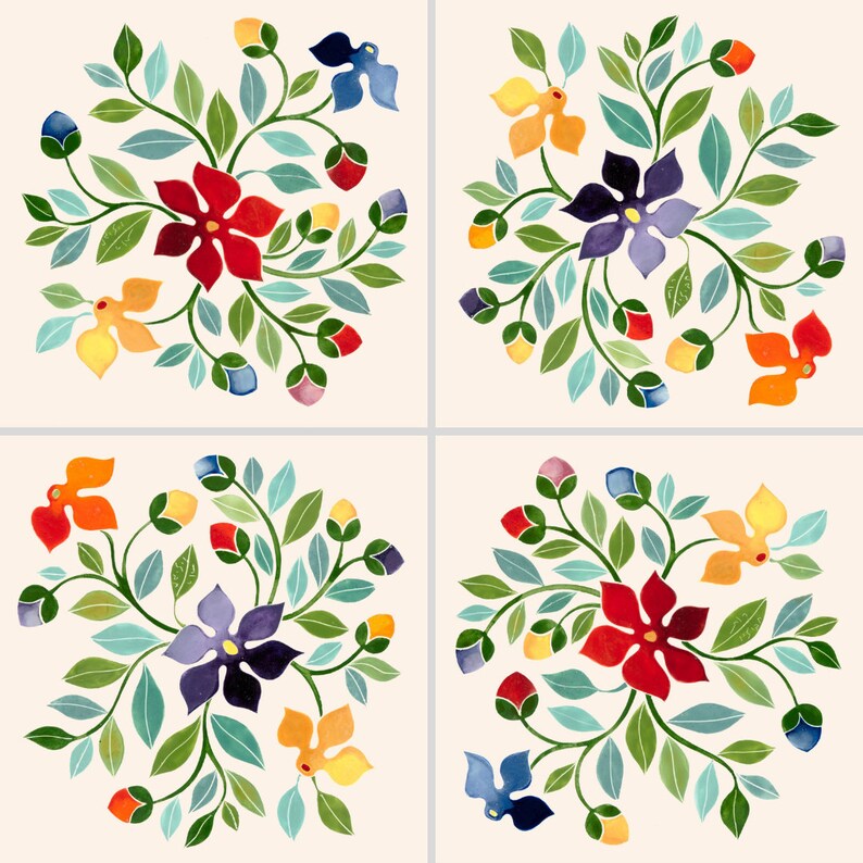 0ne Floral Bohemian Tile, Colorful Flowers Wall Decor, Ceramic Art Tile ...