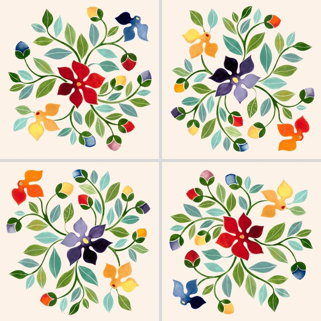 Set of 4 Floral Wall Tiles, Boho Wall Decor, Decorative Ceramic Tiles ...