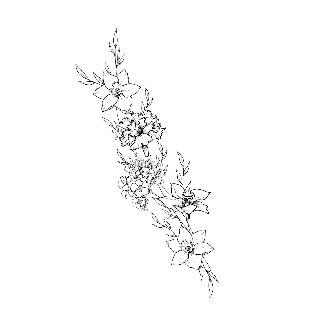 Custom Spine Birth Flower Tattoo Design, Fine Line Drawing Vine - Etsy UK