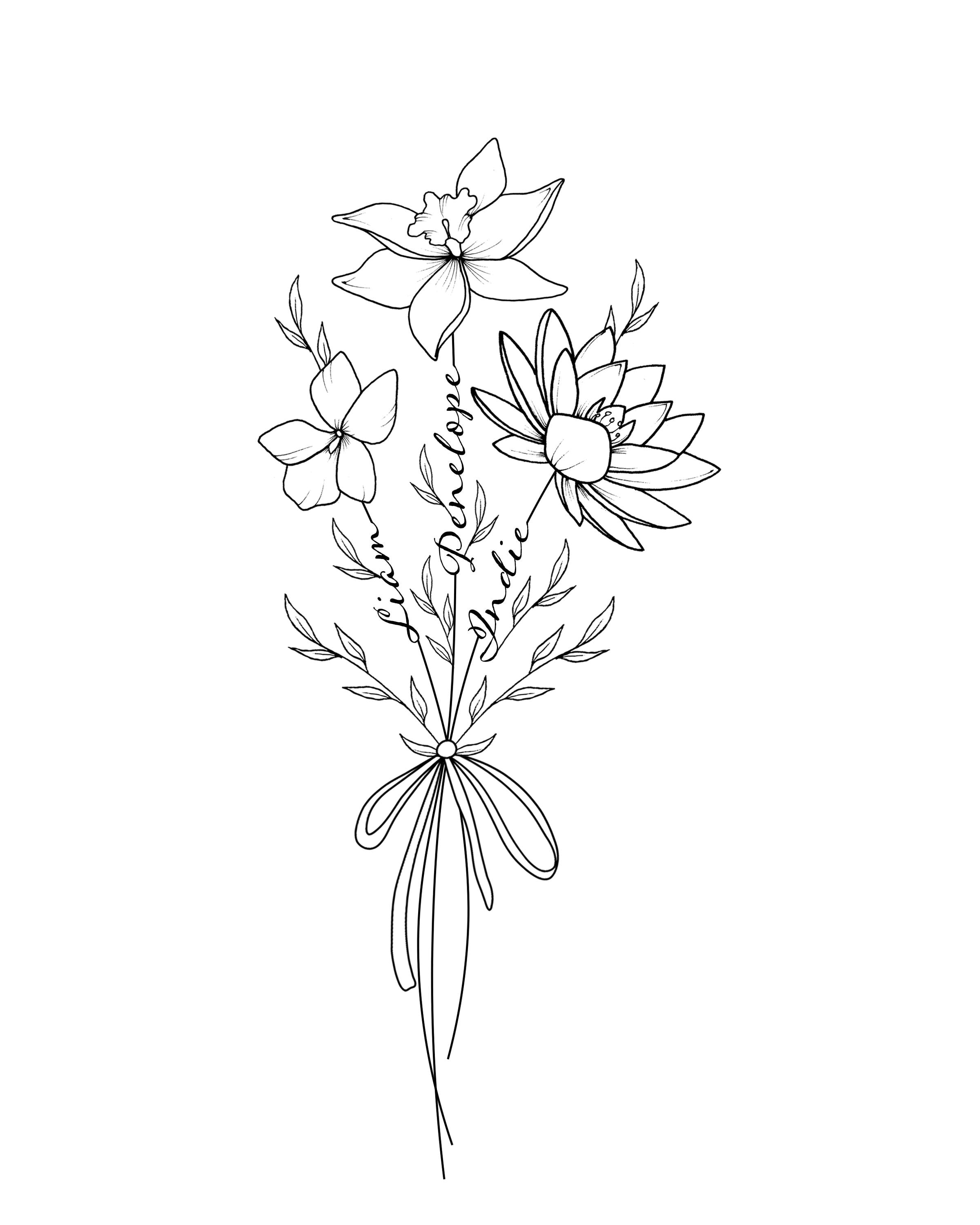 Custom 3 Names Birth Flower Tattoo Design, Kids Personalised Family ...