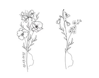 Side Profile Drawing With Birth Flower | Custom Portrait Outline - Etsy UK