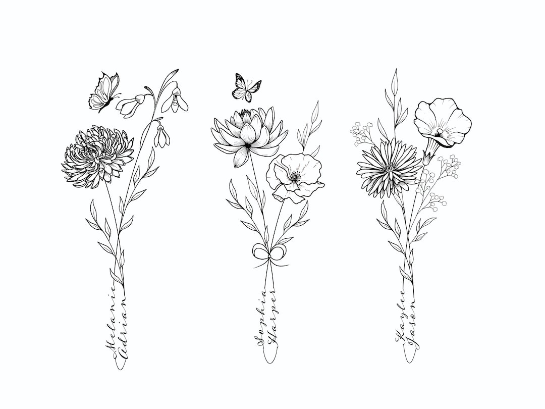 Custom Birth Flower Tattoo Design, 2 Names Personalized Family Bouquet ...