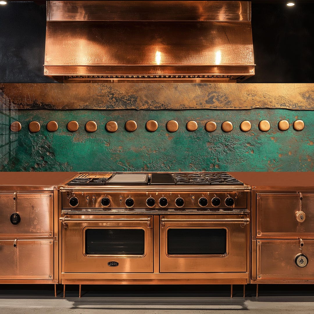 Tempered Glass Backsplash, Rusty Kitchen Splashback, Copper Look Stove ...