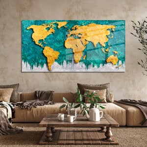 World Map Glass Wall Art, Glass Painting Art, Home Wall Decor, Living ...