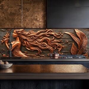 Copper Mermaid Glass Backsplash, Tempered Glass Splashback, Stove Back ...