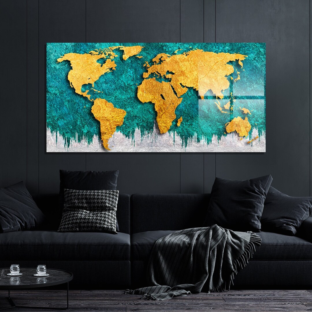 World Map Glass Wall Art, Glass Painting Art, Home Wall Decor, Living ...