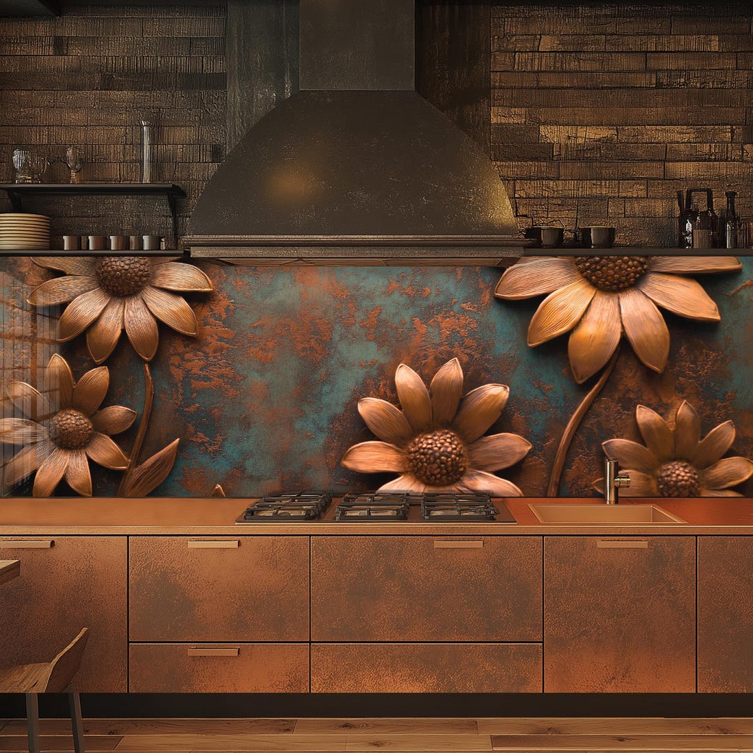 Copper Flowers Glass Backsplash, Stove Back Top Cover, Kitchen Sink ...