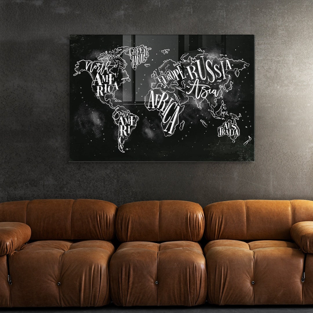 World Map Tempered Glass Wall Art, Glass Painting Art, Office Living ...