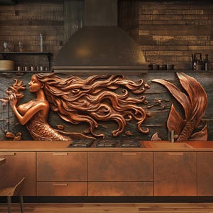 Copper Mermaid Glass Backsplash, Tempered Glass Splashback, Stove Back ...