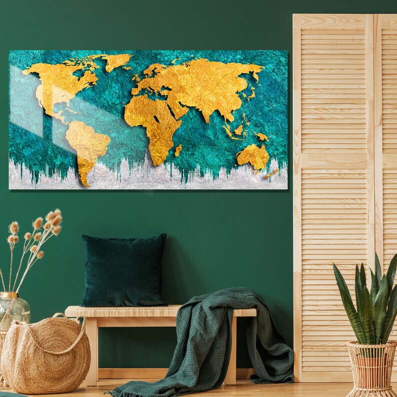 World Map Glass Wall Art Glass Painting Art Home Wall Decor - Etsy