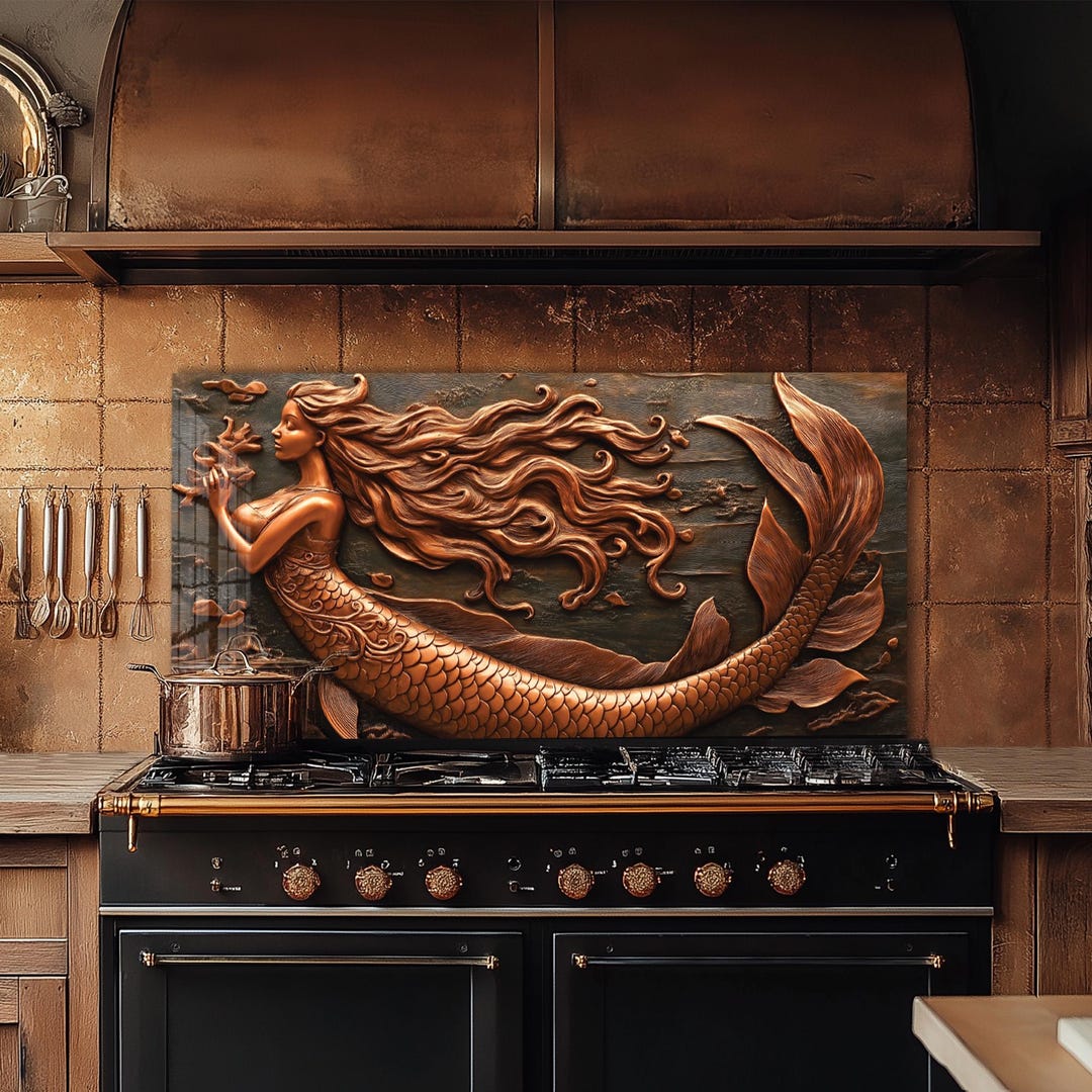 Copper Mermaid Glass Backsplash, Tempered Glass Splashback, Stove Back ...