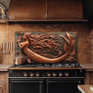 Copper Mermaid Glass Backsplash, Tempered Glass Splashback, Stove Back ...