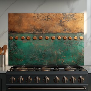 Tempered Glass Backsplash, Rusty Kitchen Splashback, Copper Look Stove ...