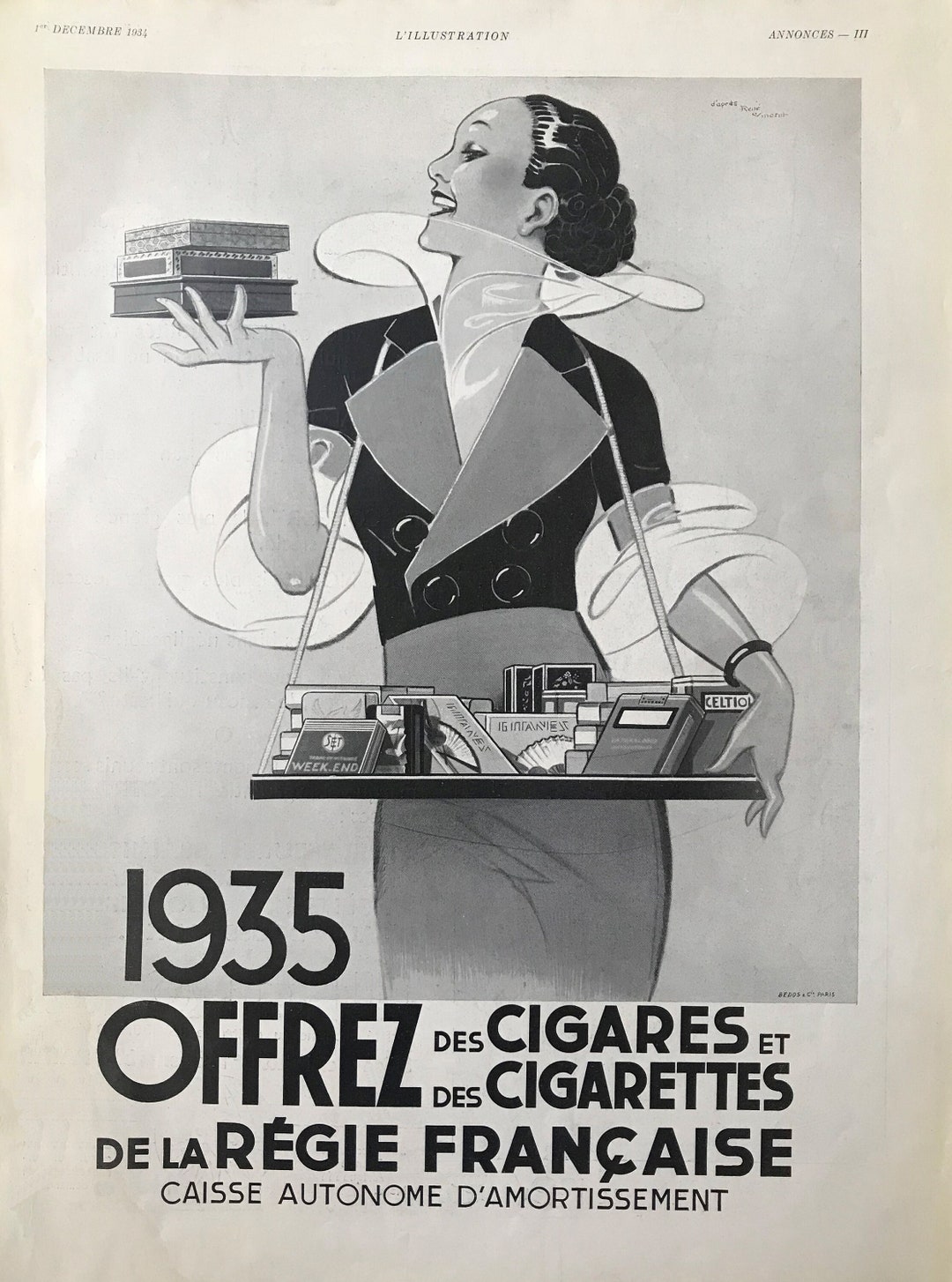 VINTAGE CIGARETTE Ad Rene Vincent From 1934 L'illustration Magazine ...
