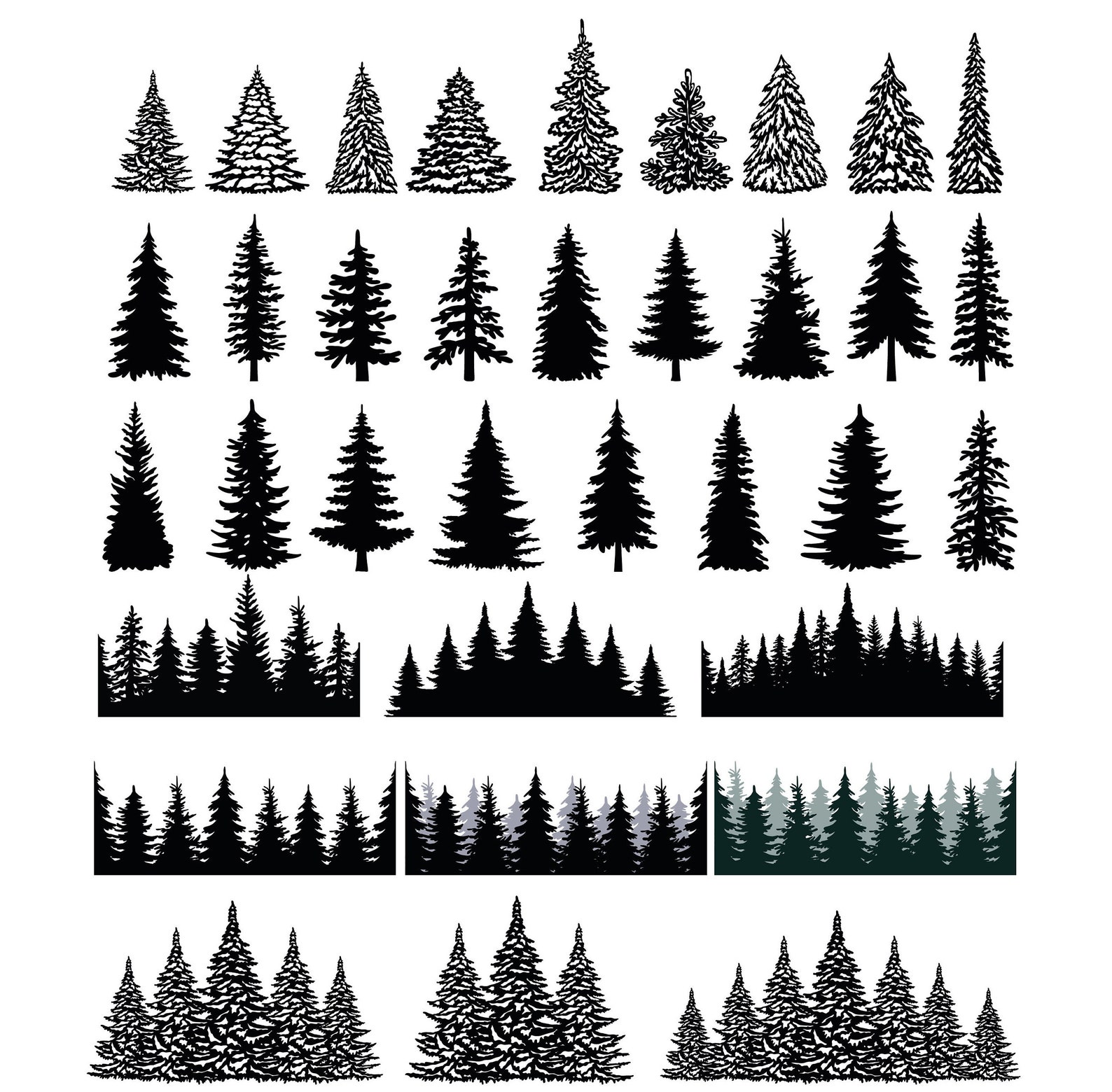 Lot de sapin de Noël SVG : silhouettes de pins forestiers ...