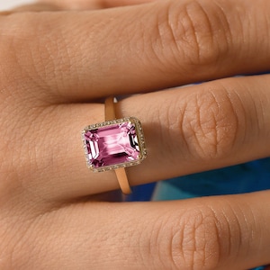 Emerald Cut Pink Tourmaline Engagement Ring,14k Solid Rose Gold, Natural Tourmaline Diamond Ring ...