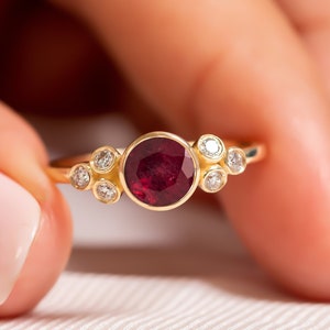 14k Solid Gold Ruby Engagement Ring,cluster Diamond Ring,bezel Set Ruby Ring,dainty Wedding Band ...