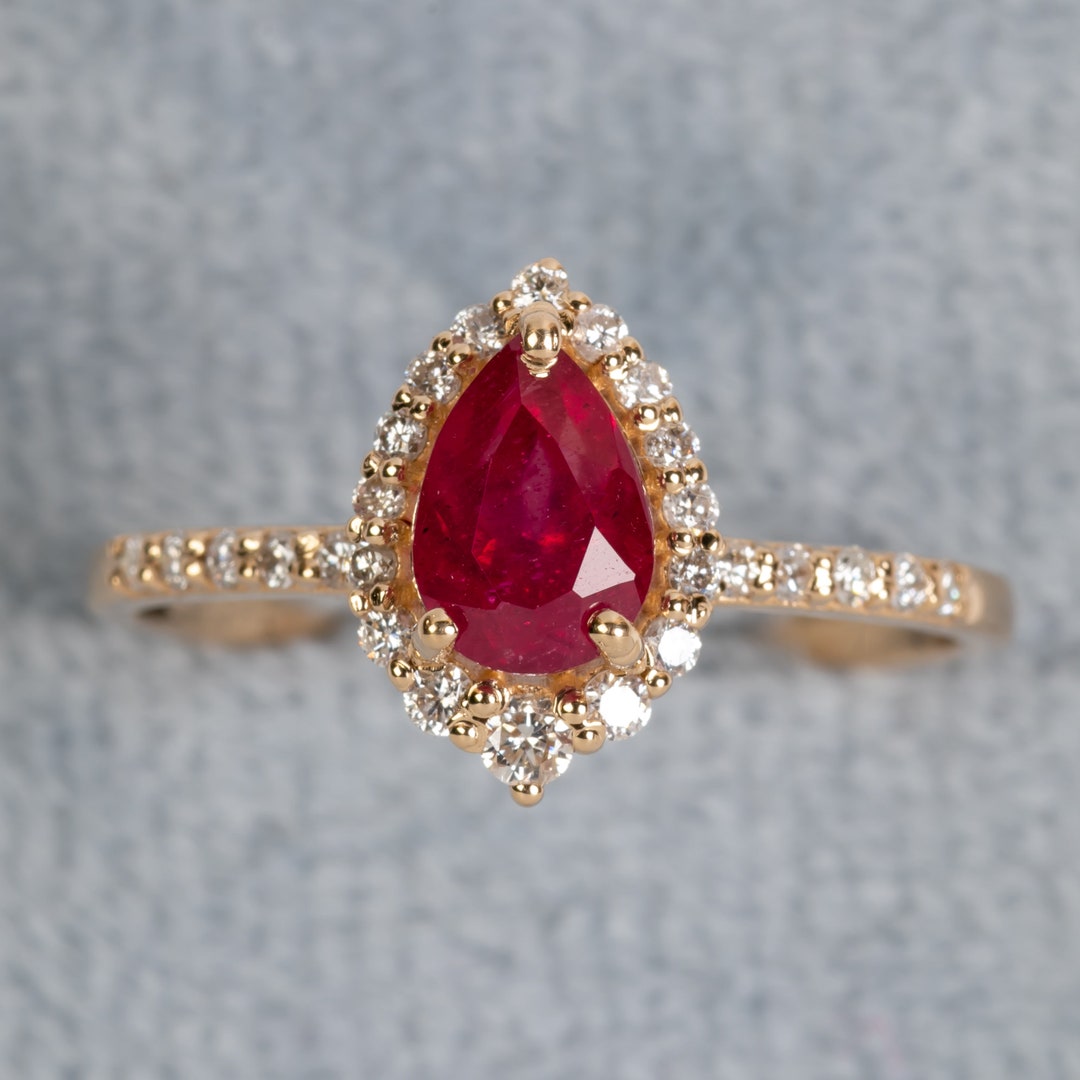 Genuine Ruby Engagement Ring/14k Gold Ruby Ring/teardrop Ruby Halo Diamond Ring/red Ruby Wedding ...