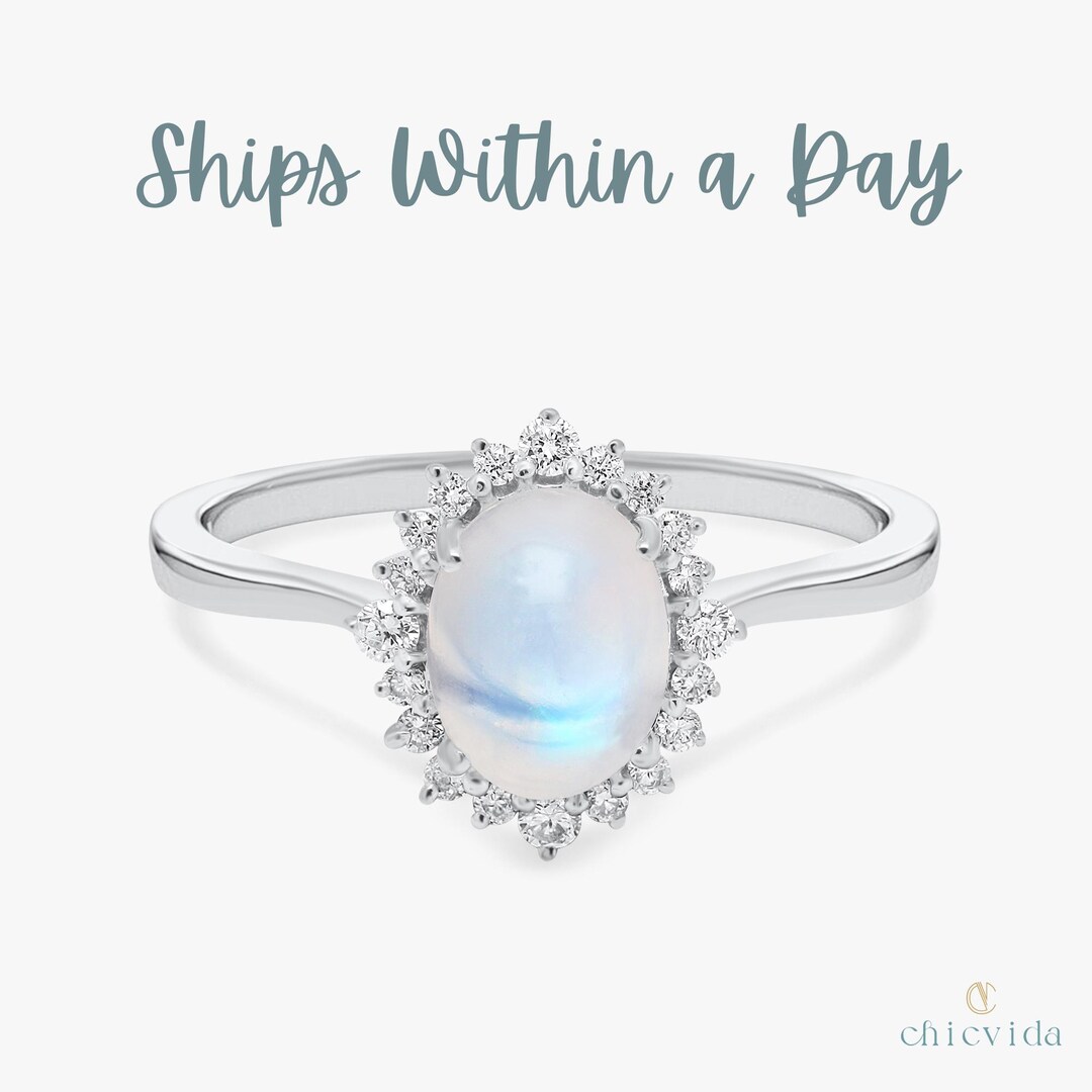 Halo Moonstone Cluster Engagement Ring, Ready to Ship, Minimalist White ...