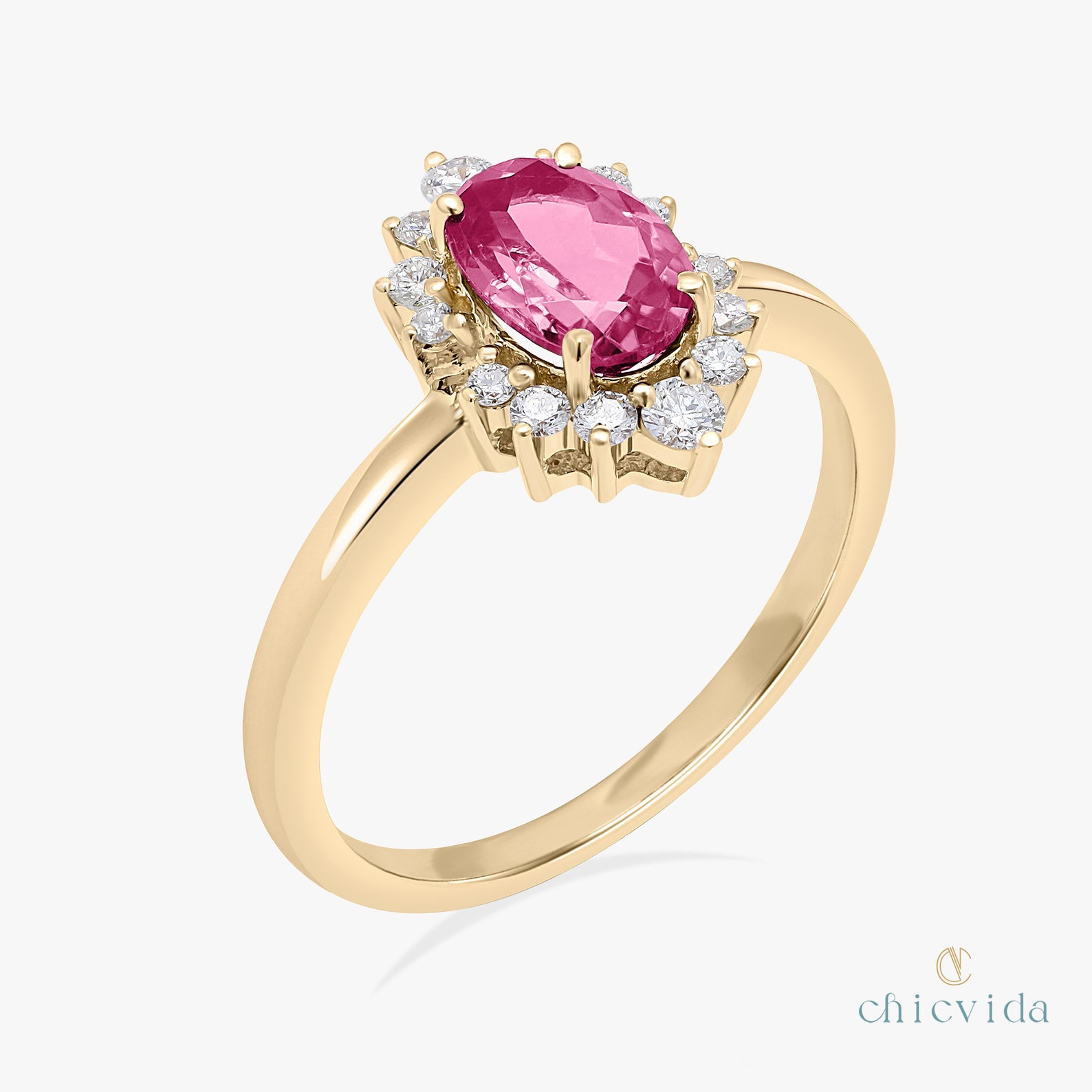 Natural Pink Tourmaline Engagement Ring, Oval Cut 18K Solid Gold Ring ...
