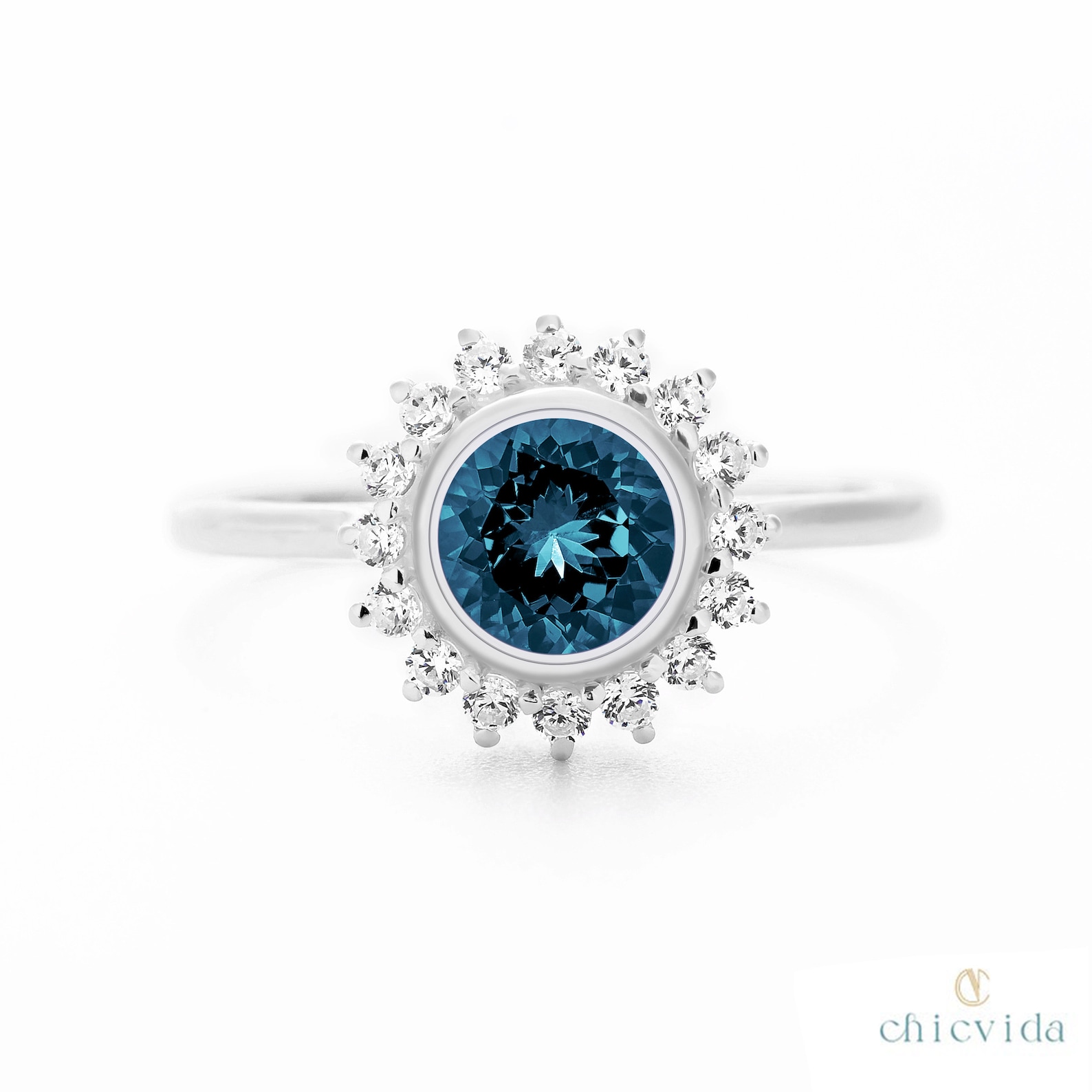 Round Cut London Blue Topaz Ring,14k Solid Gold,bezel Set Topaz Diamond ...