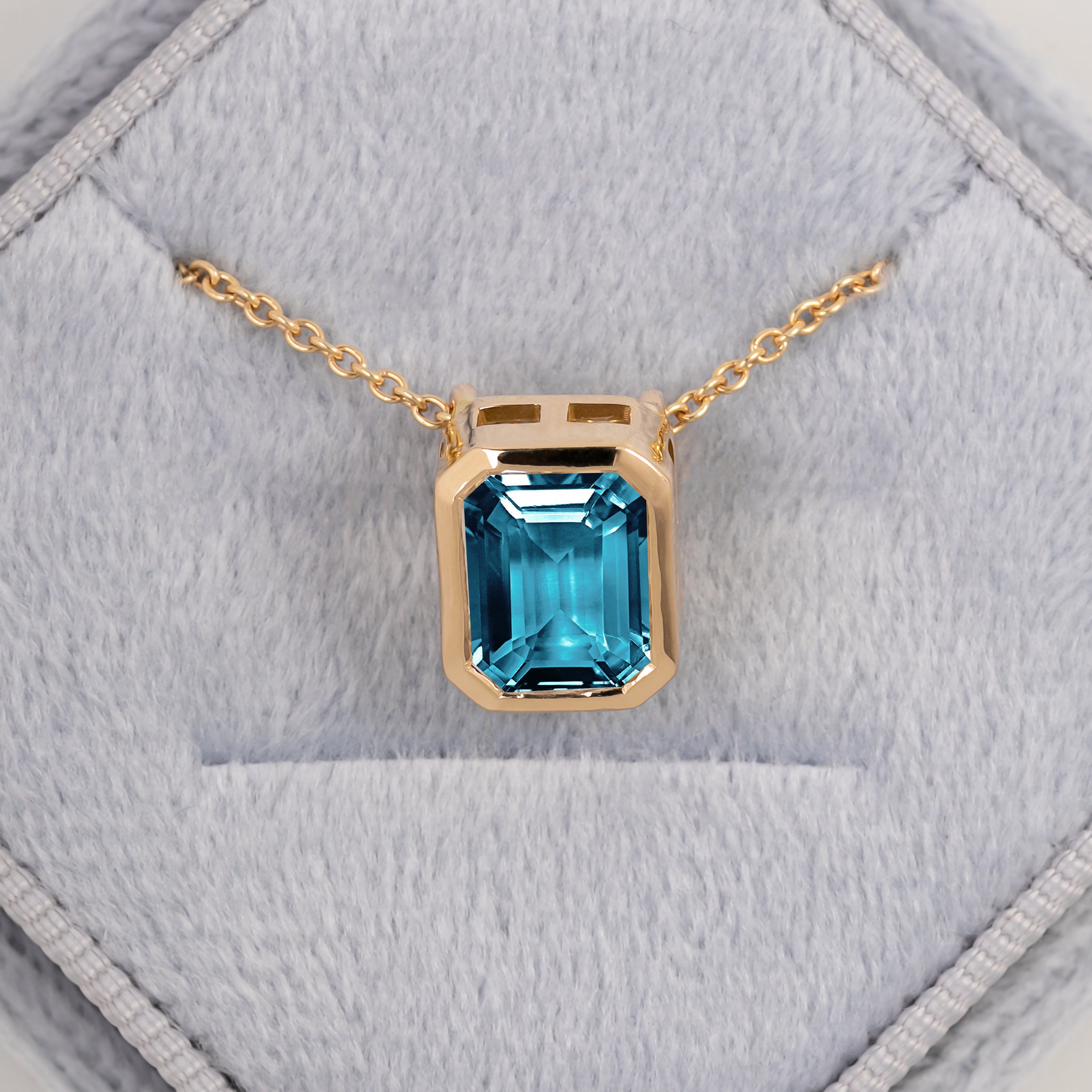 Emerald Cut Blue Topaz Necklace Bezel Set Solid 14k Gold Floating ...