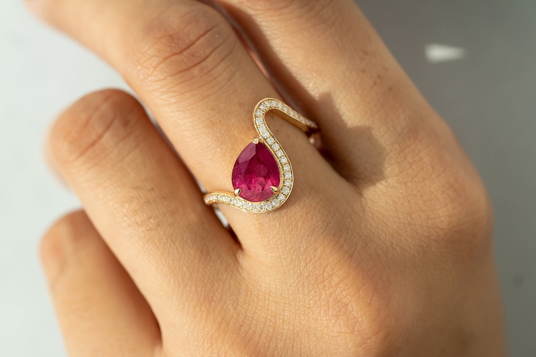 Buy Pear Cut Genuine Ruby Engagement Ring,14k Solid Gold,curved Diamond ...