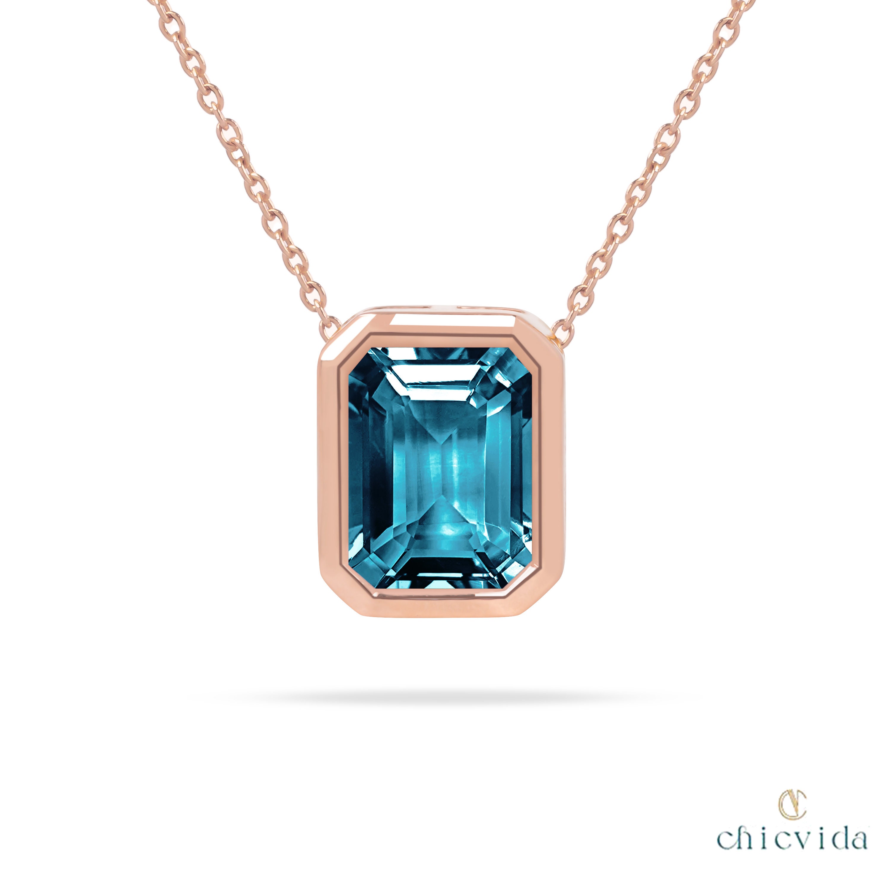 Emerald Cut Blue Topaz Necklace Bezel Set Solid 14k Gold Floating ...