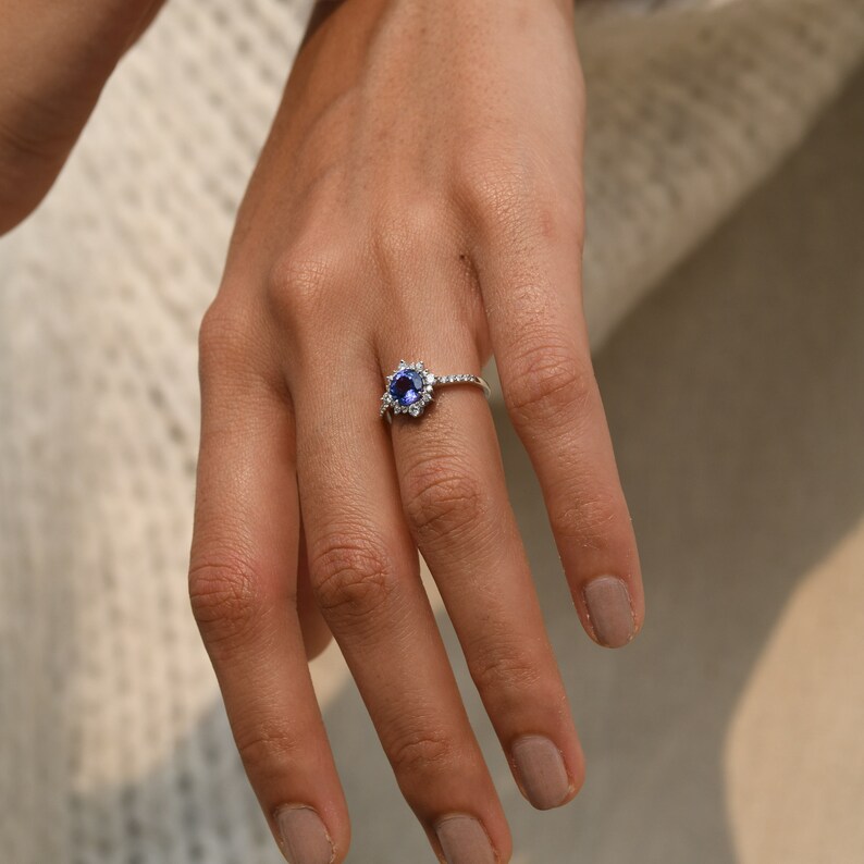 Deep Blue Tanzanite Engagement Ring With a Diamond Halo in 14K | Etsy