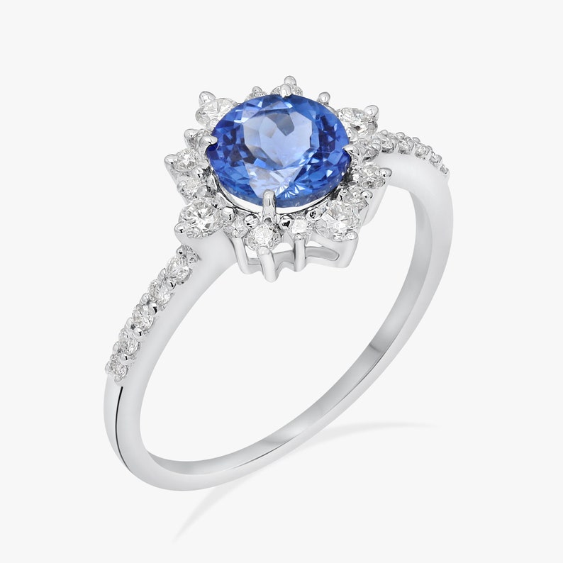 Deep Blue Tanzanite Engagement Ring With a Diamond Halo in 14K | Etsy