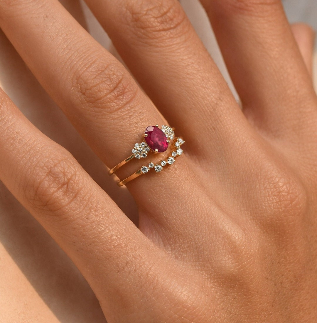 14k Gold Ruby Engagement Stacking Ring Set,proposal Wedding Band Set ...