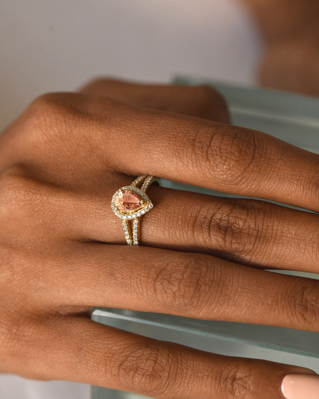 Oregon Sunstone Halo Ring, Pear Cut Sunstone Diamond Ring, Unique ...