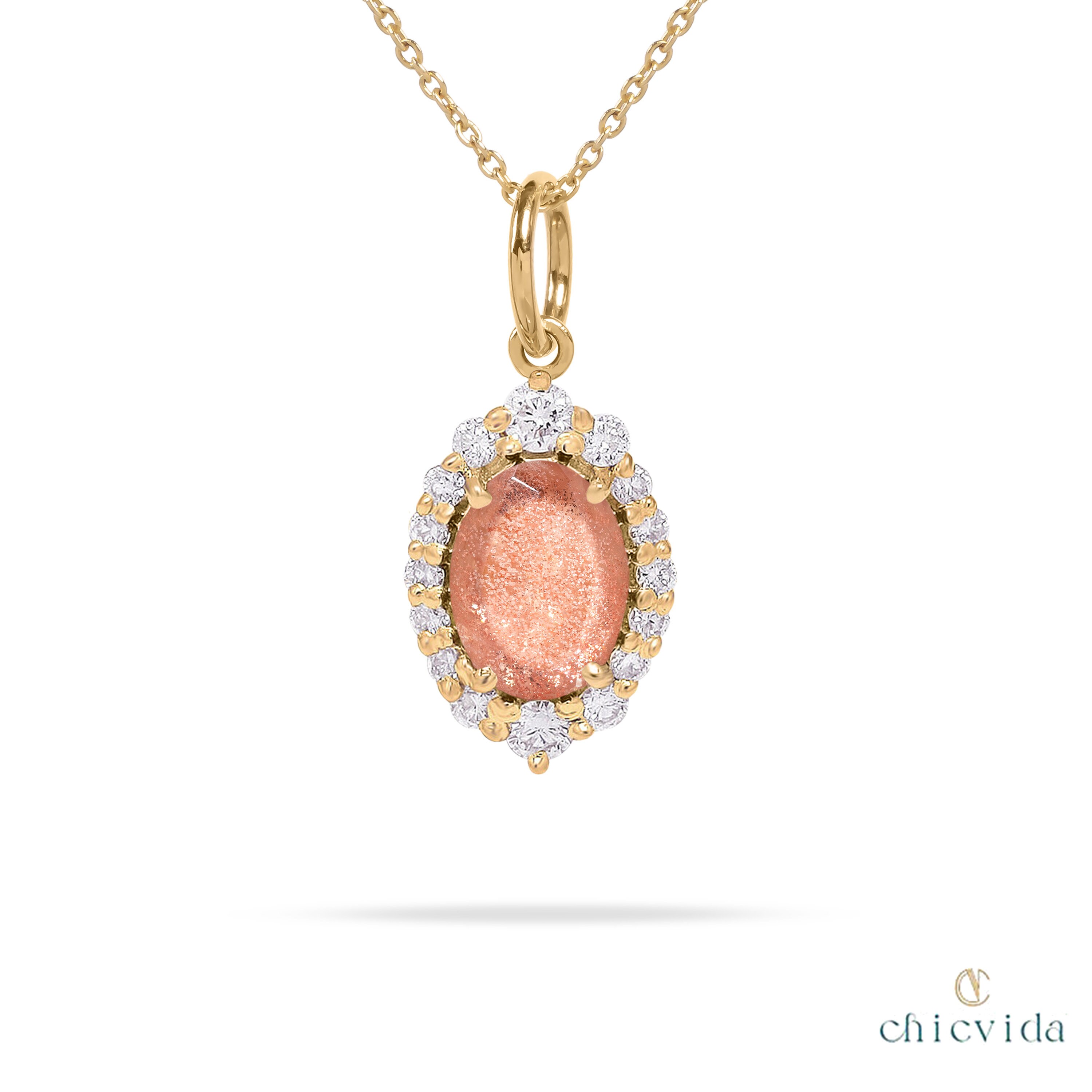 Oregon Sunstone Pendant Oval Gemstone Gold Pendant Diamond Halo Necklace Sunstone Dainty Pendant Wedding Anniversary Gift Prong Set