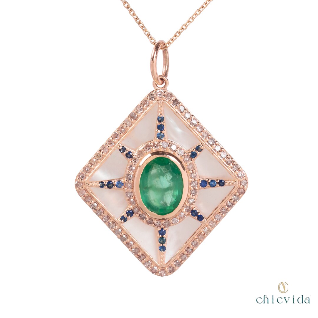 Rhombus Shape Mother of Pearl Pendant/oval Emerald & Diamond Halo ...