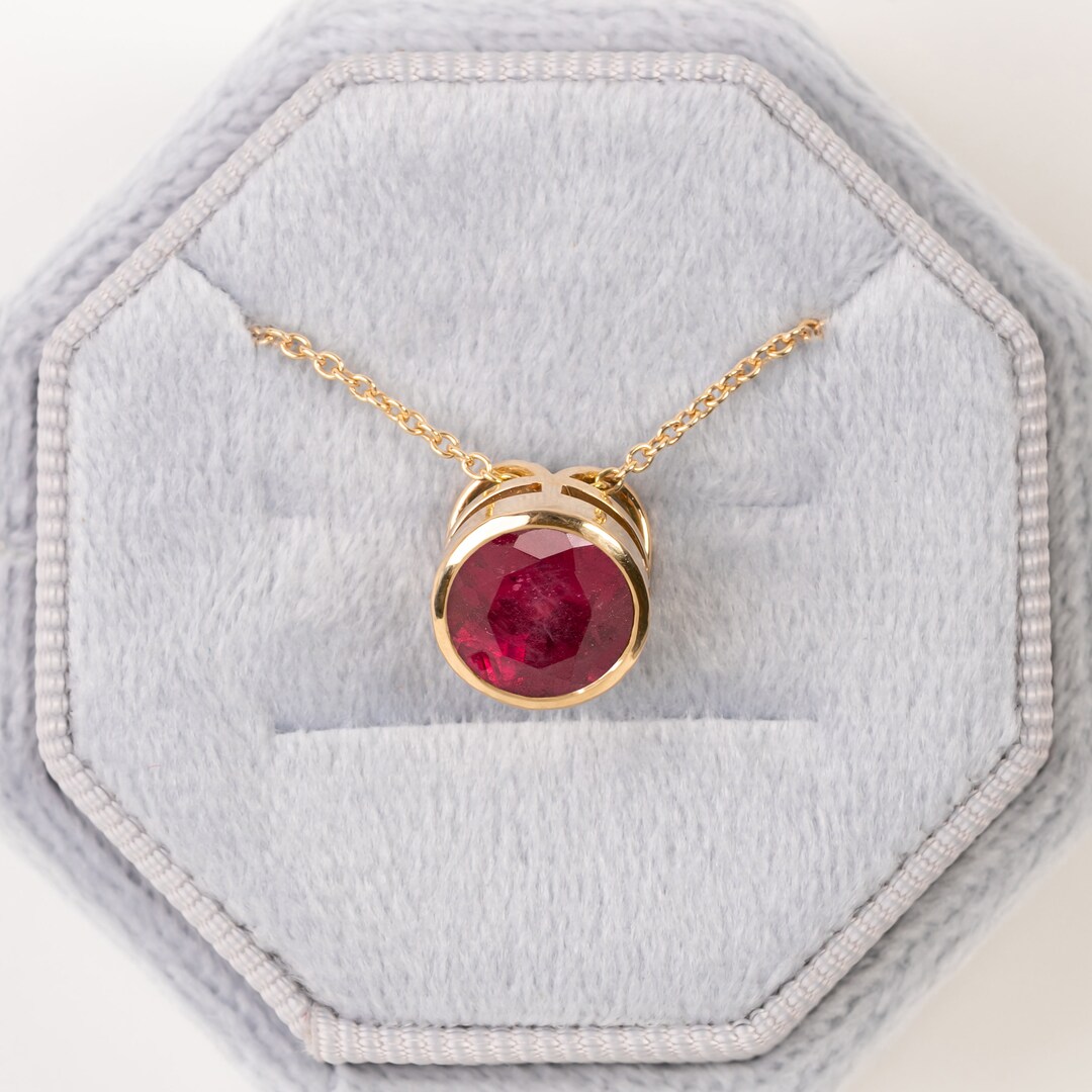 14K Solid Gold Ruby Floating Pendant,solitaire Bezel Set Necklace,red ...