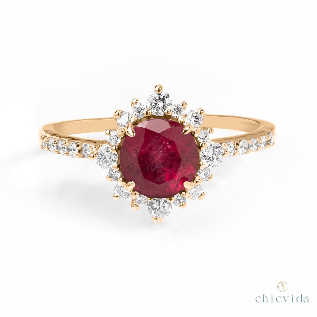 Genuine Ruby Halo Floral Ring, Round Pink Engagement Ring, 14k Solid ...