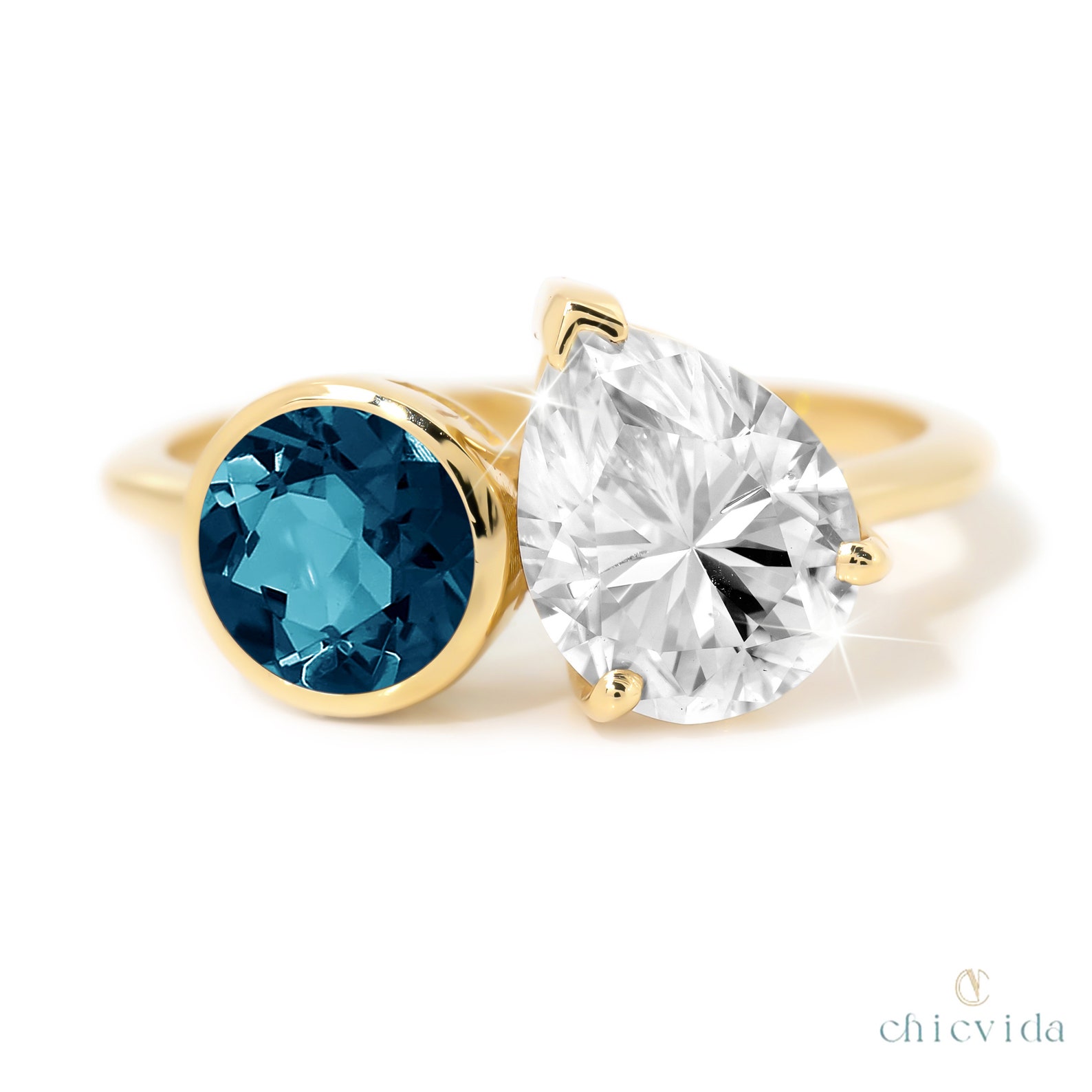 Round Topaz & Pear Cut Moissanite Ring,toi Et Moi Engagement Ring,14k ...