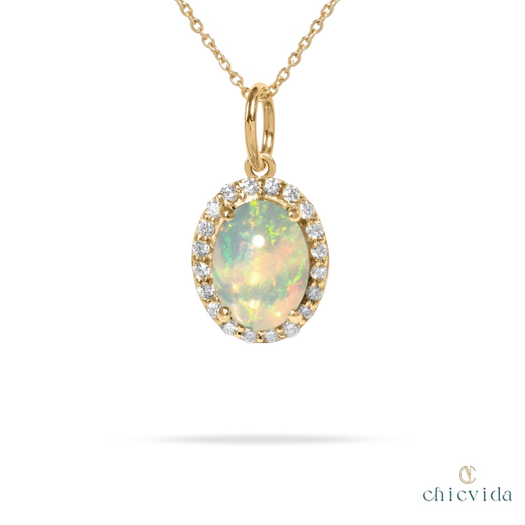 Real Opal Halo Pendant, Diamond Necklace, Natural Pendant, Light Weight ...