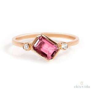 Emerald Cut Pink Tourmaline Ring,diamond Accented,14k Gold Tourmaline Jewelry,three Stone Ring ...