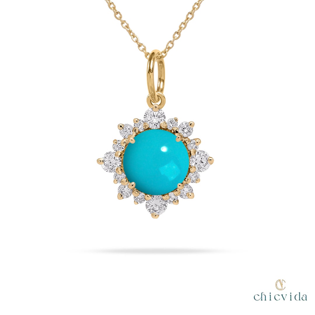 Sleeping Beauty Turquoise Sunburst Pendant Necklace,14k Solid Gold ...
