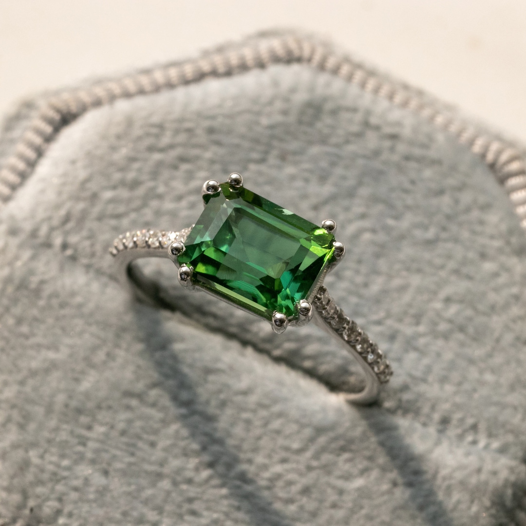 Emerald Cut Green Tourmaline Ring,east West Ring,engagement Ring,prong ...