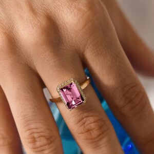 Emerald Cut Pink Tourmaline Engagement Ring,14k Solid Rose Gold, Natural Tourmaline Diamond Ring ...
