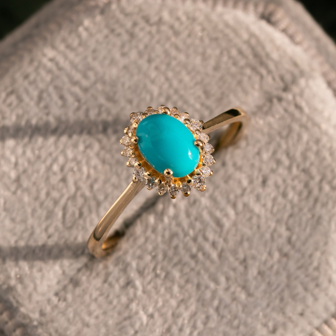Natural Blue Turquoise Engagement Ring in 14k Yellow Gold/oval ...